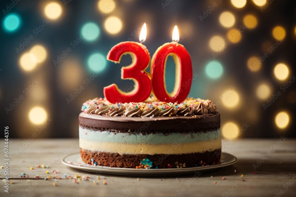 Sweet Birthday cake with number 30 on top on colorful bokeh background ...