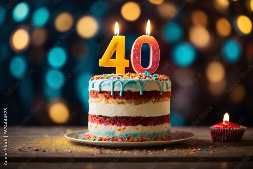 Sweet Birthday cake with number 40 on top on colorful bokeh background ...