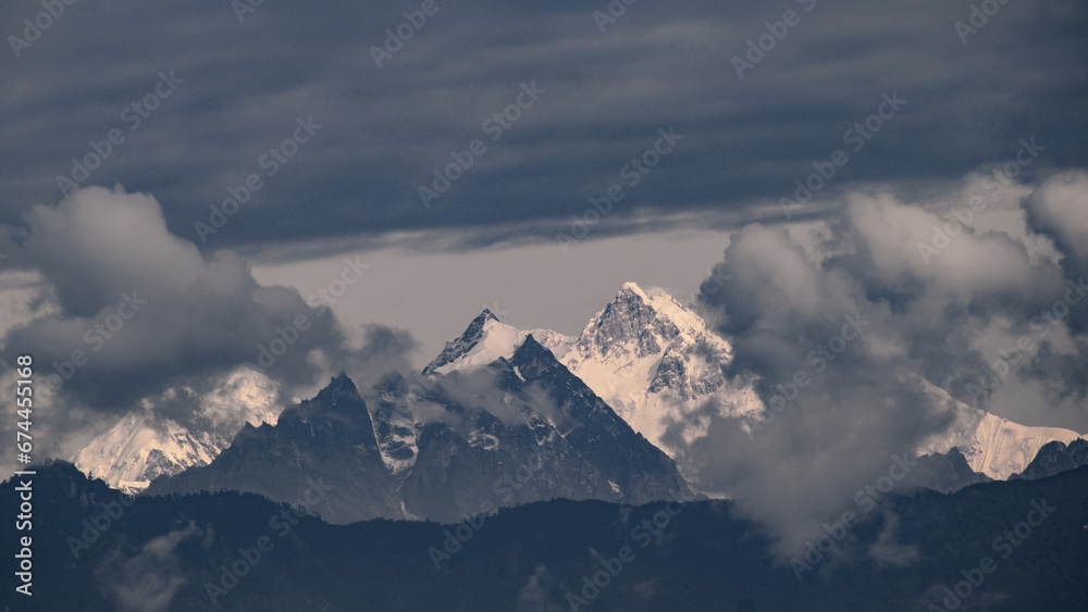 Mount kangchenjunga peak of Himalayan mountains at dawn. Snow clad ...