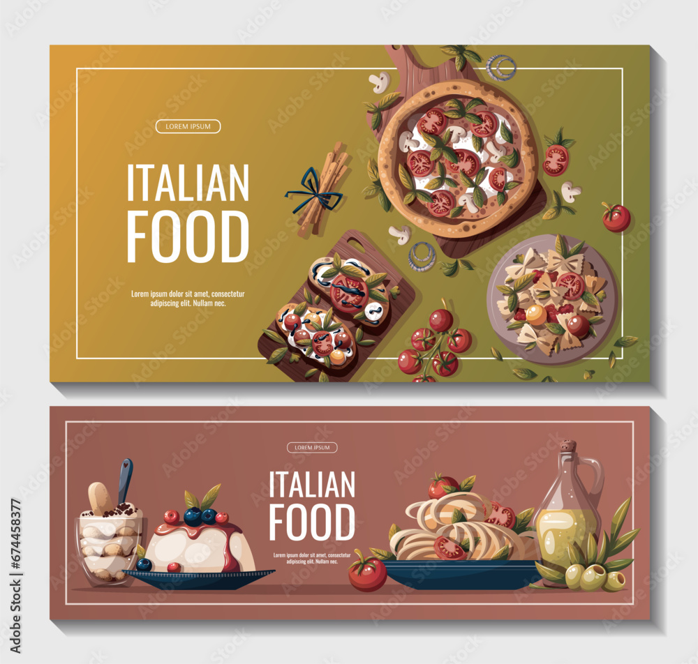 Banners with Italian pizza, pasta, bruschetta, lasagna, olive oil ...