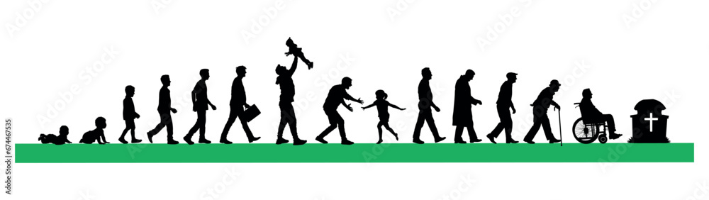 Life cycle of a man growing from birth to death life stages silhouette ...