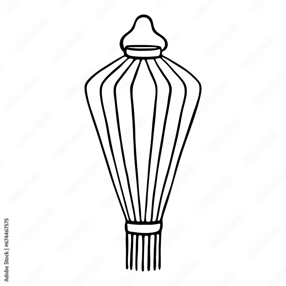 Hanging Chinese lantern with fringe isolated on white. Black line ...