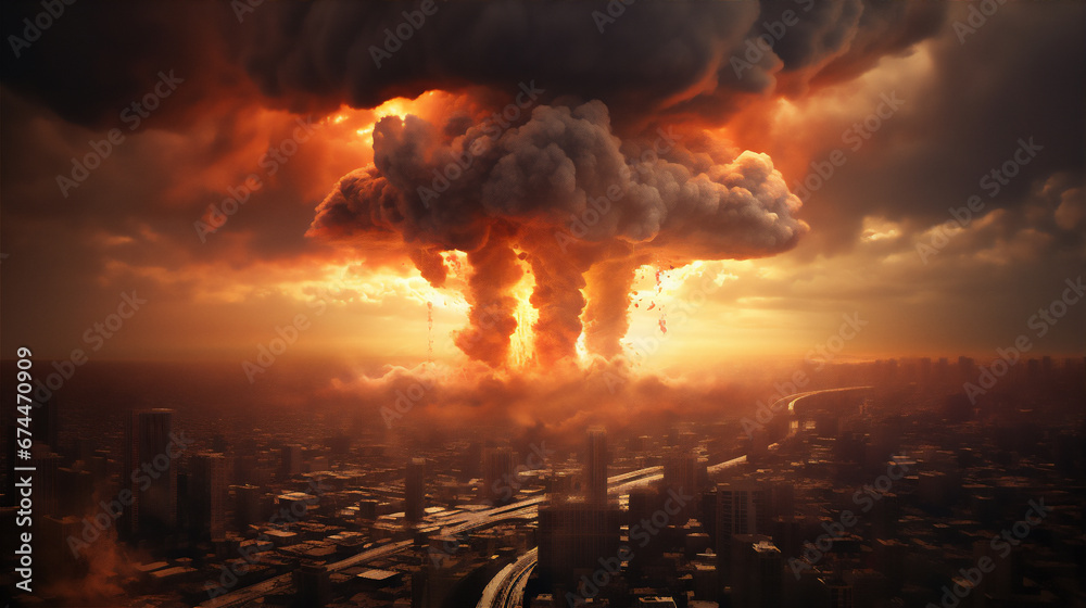 illustration of a nuclear bomb exploded in the middle of a metropolitan ...