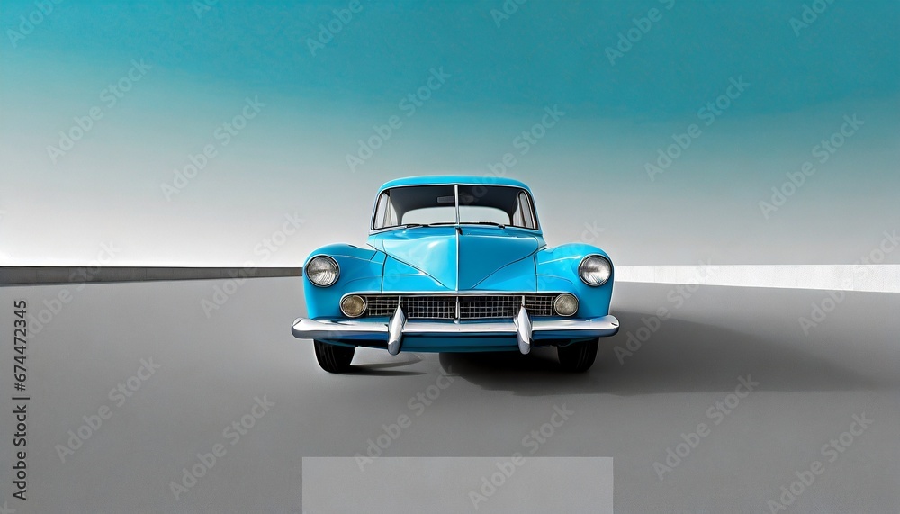light blue classic car facing the camera, minimalist, deadpan, banal ...