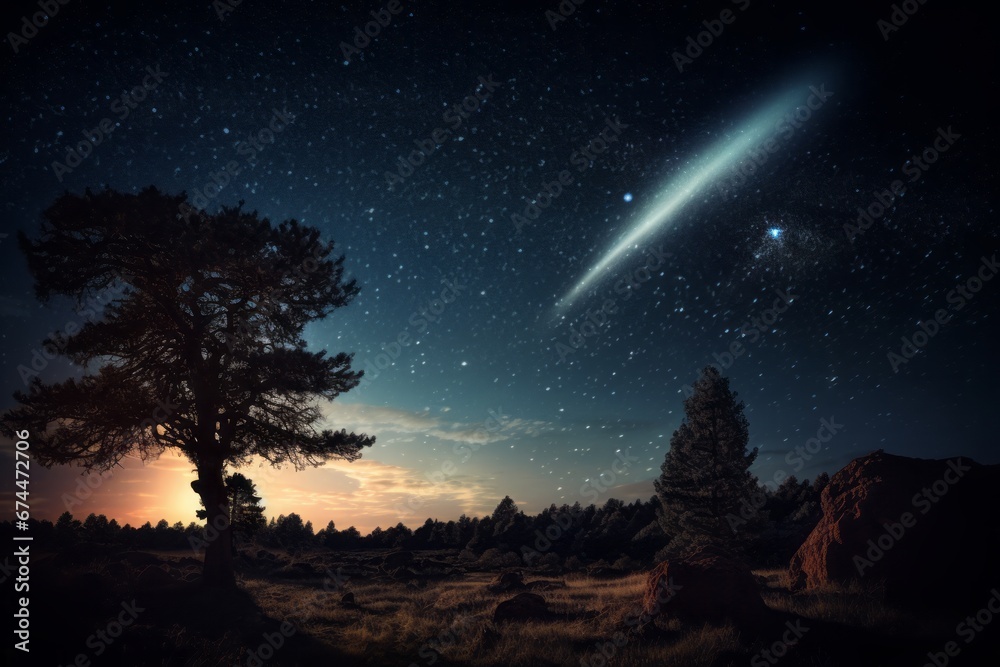 Comet with glowing tail streaking past Earth in a captivating night sky view Stock Illustration ...