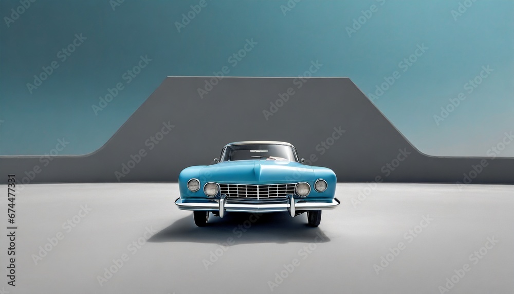 light blue classic car facing the camera, minimalist, deadpan, banal ...