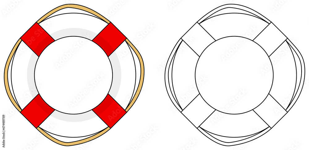 Lifebuoy colorful and black and white. Life buoy colored and outline ...