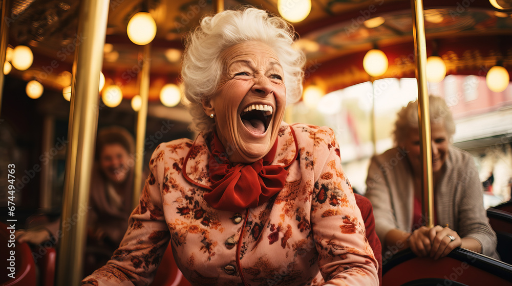 senior woman riding a carousel at amuzement park Stock Photo | Adobe Stock