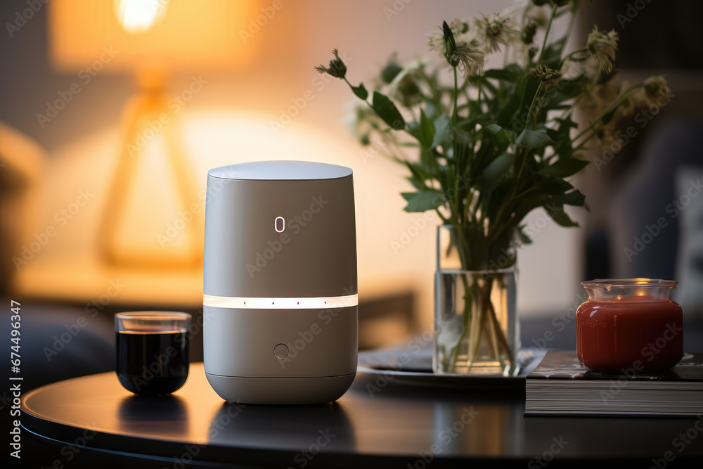 AI Home Assistant - A sleek AI device activating home appliances in a ...