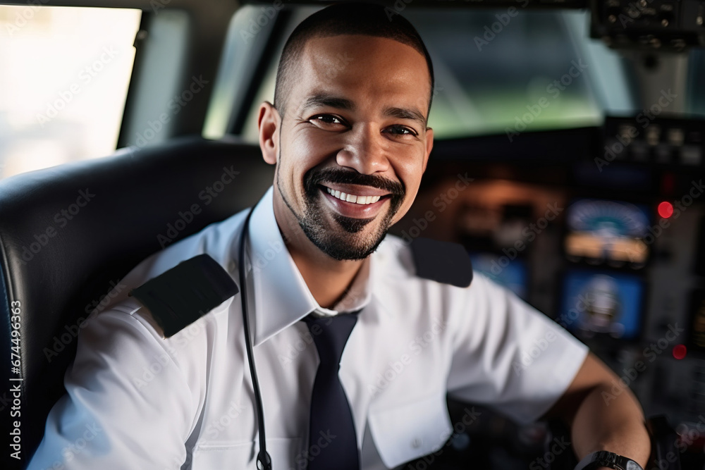 A captain pilot in uniform smiles in the cockpit of a passenger ...