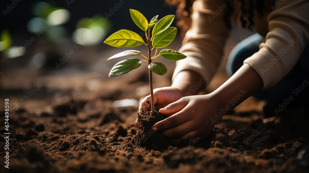 A child planting a tree, sowing life and hope for a greener future for ...