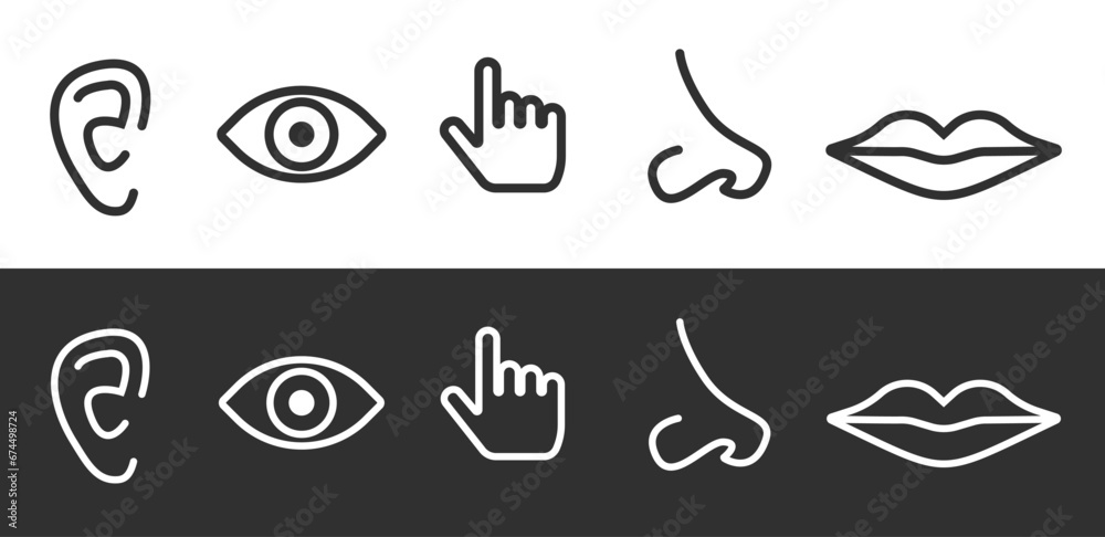 Five human sense icons set line outline art stroke graphic vector, eye ...