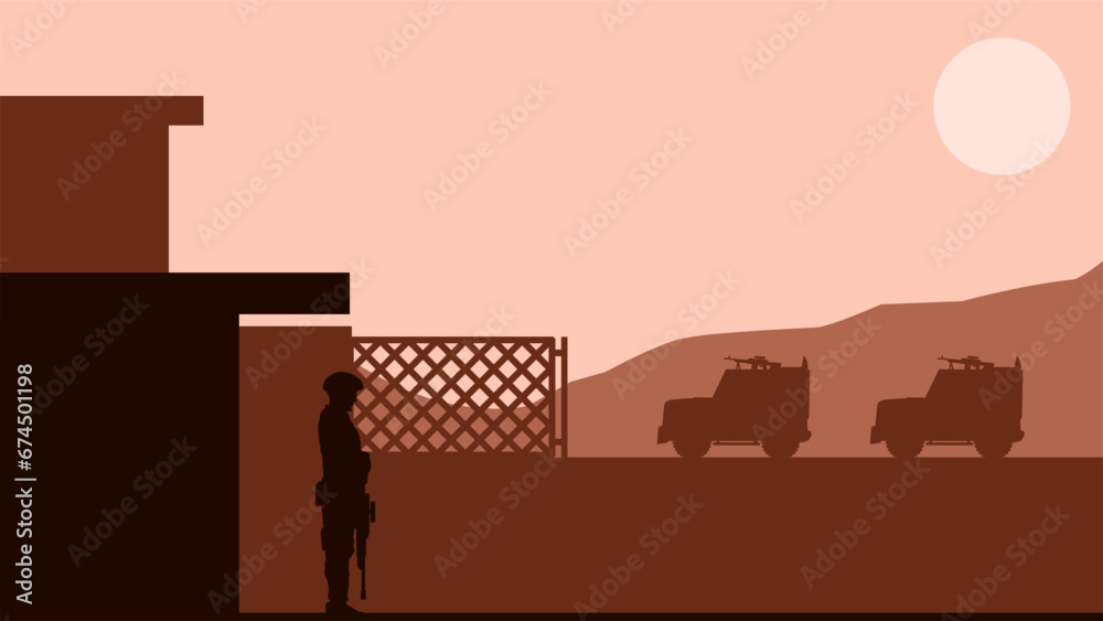 Military base landscape vector illustration. Silhouette of soldier at ...