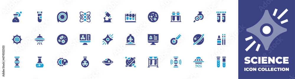 Science icon collection. Duotone color. Vector and transparent illustration. Containing black ...