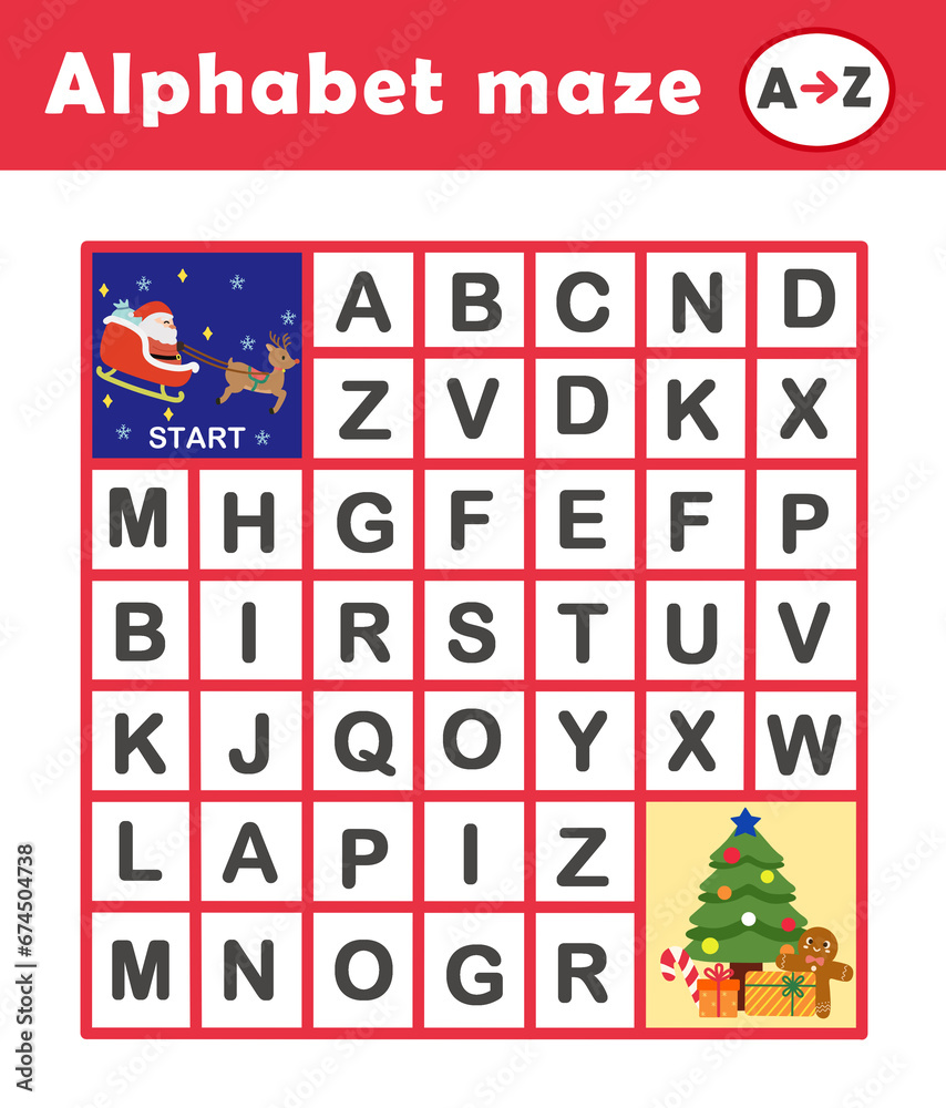 A to Z Maze game for children with cute christmas illustration ...