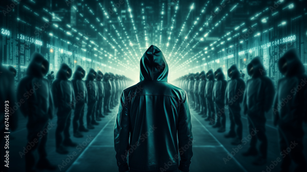 silhouette of a computer hacker, cyber attack, dark hooded villain figure in front of computer ...