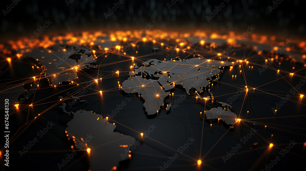 Dark atmosphere envelopes 3D world map with network connections in ...