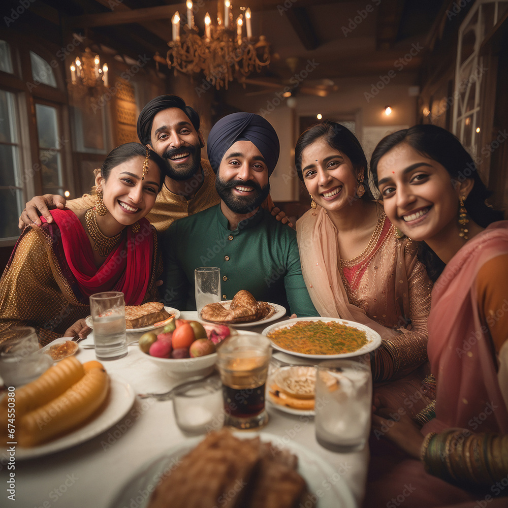 indian sikh religious family enjoying dinner on traditional festival at ...