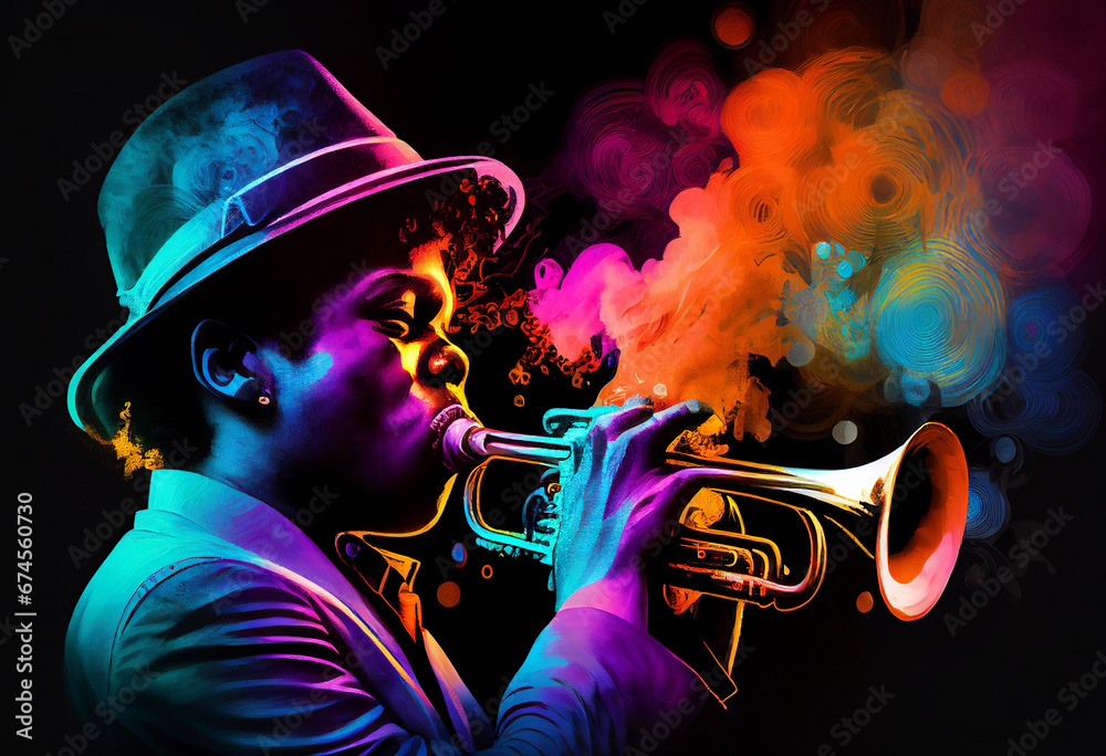 Afro-American male trumpeter musician playing a brass trumpet in an ...