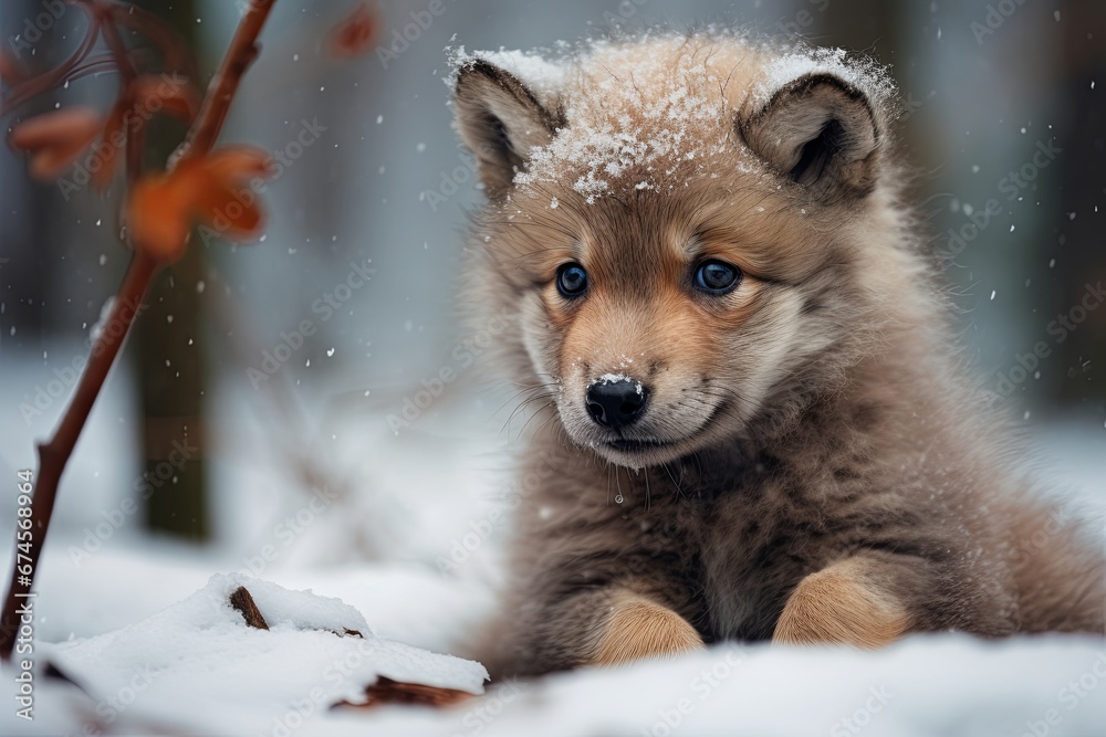 Cute baby wolf puppy is sitting outdoors on the snowy ground Stock ...