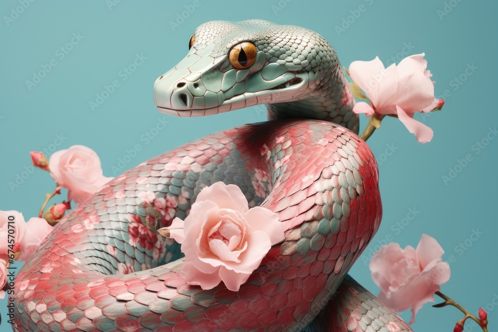 Mystic blue snakes and rose flowers on teal blue background. King snake wrapping around colorful ...