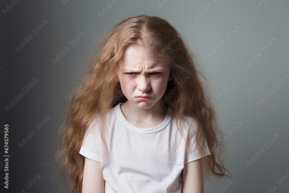 Portrait of little sullen girl frowning eyebrows and looking at camera ...