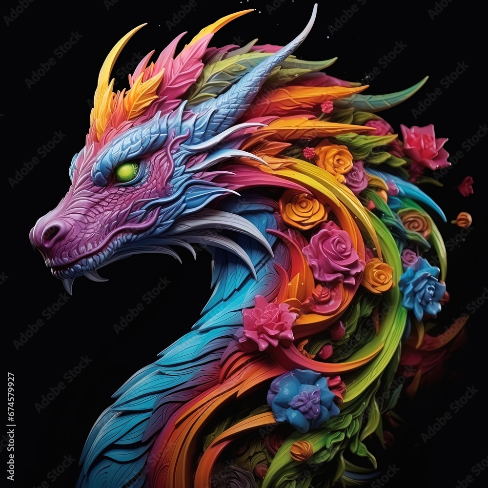 bright multi-colored dragon decorated with flowers on a black ...