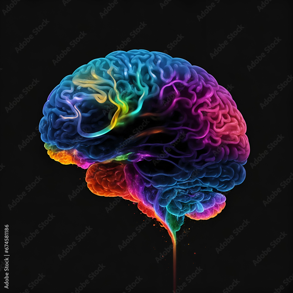 human brain concept model with colorful infill and a black background ...