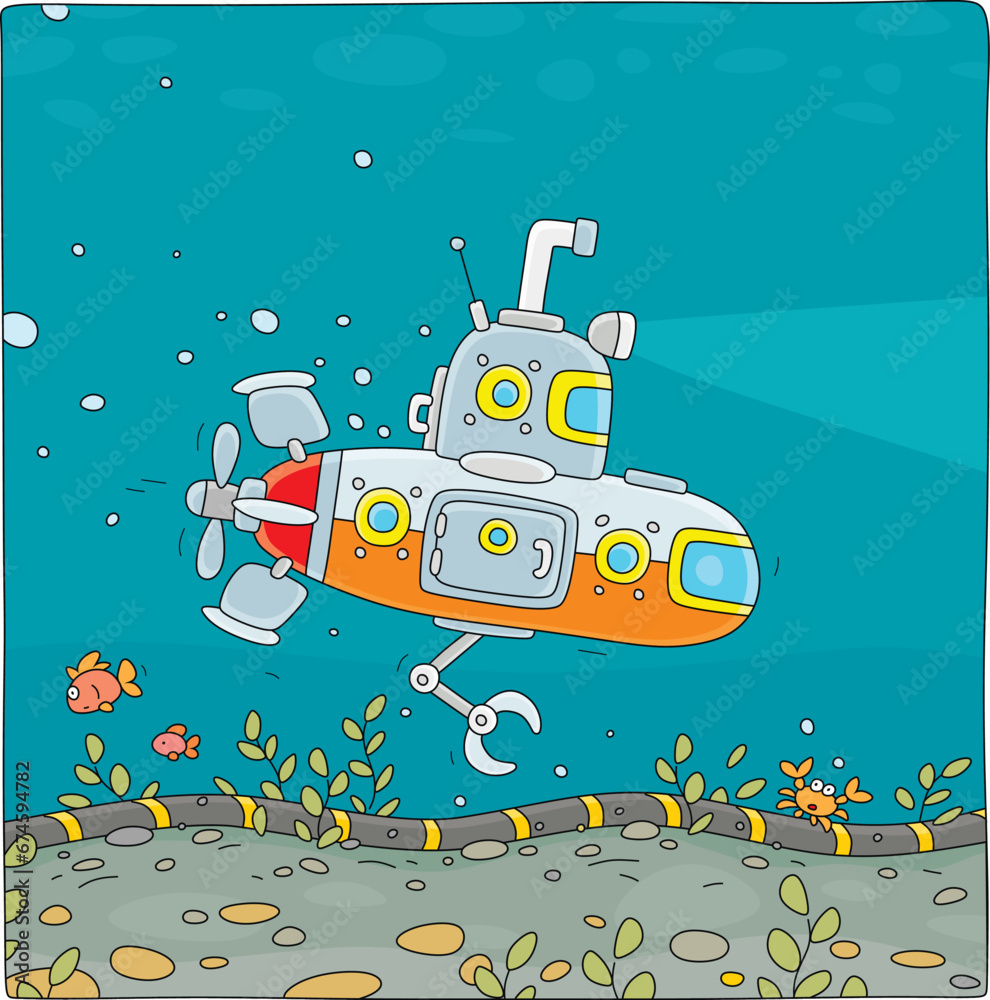 Midget submarine boat equipped with a robotic manipulator and shears ...