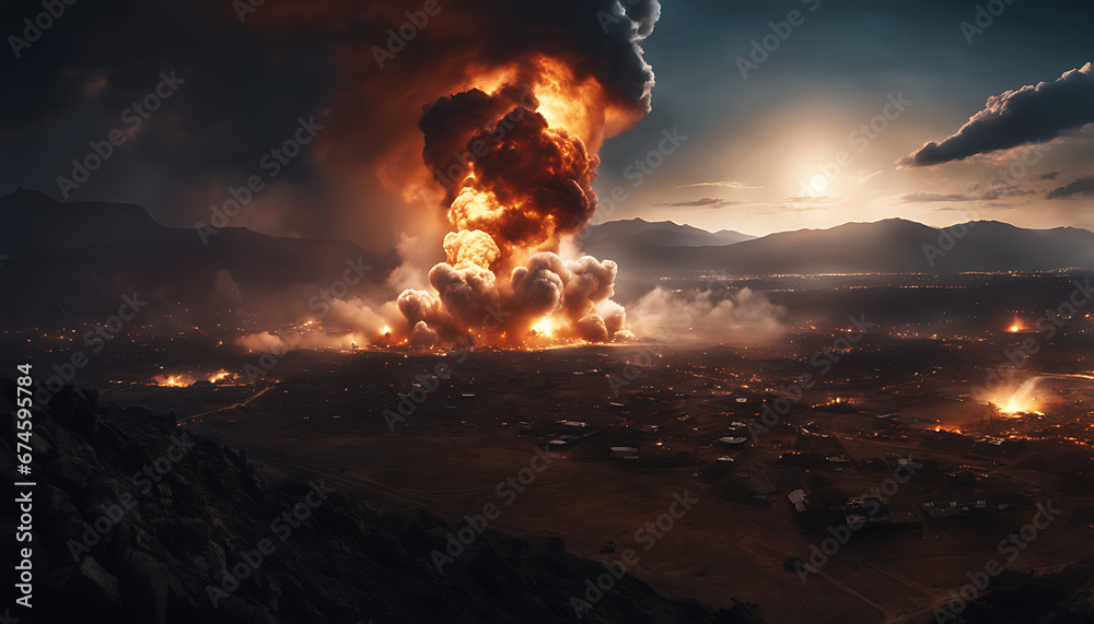 massive explosion in the night sky. The explosion is bright and ...