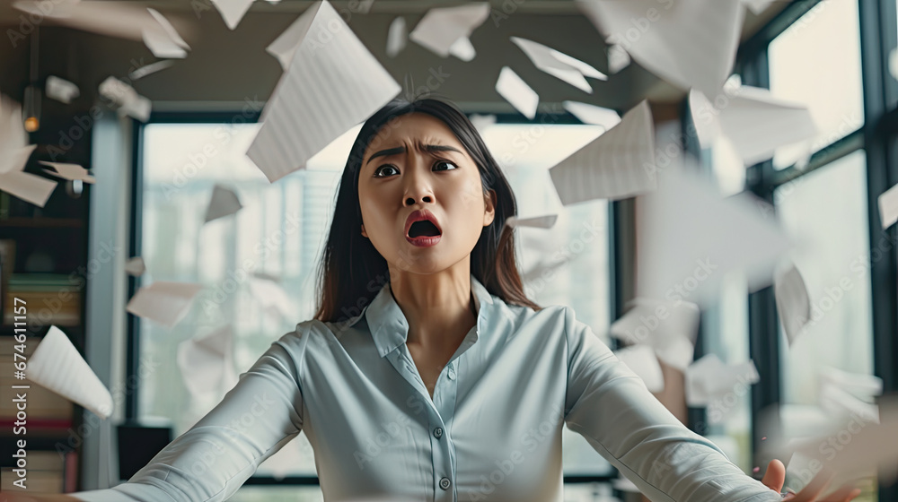 Asian businesswoman angry throwing papers over herself in office when ...
