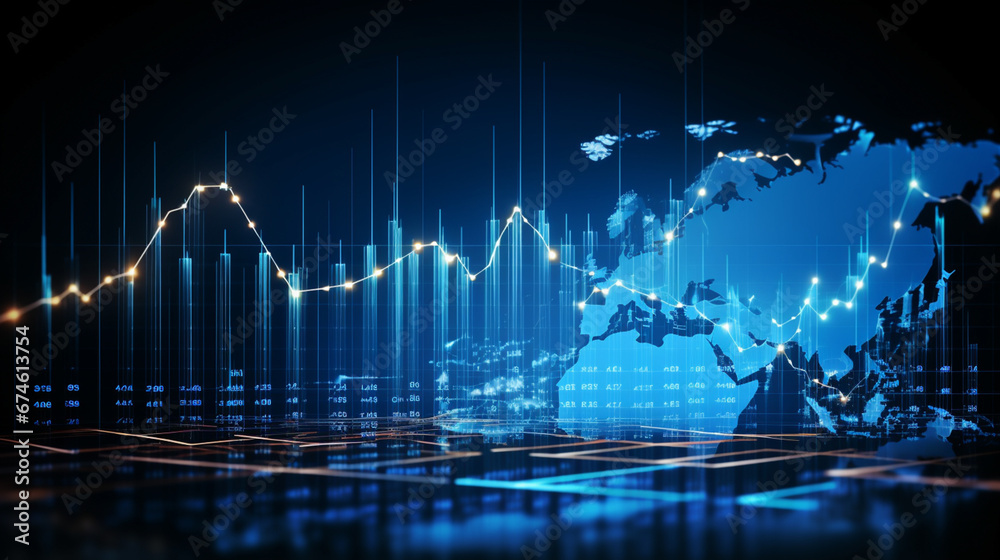 Financial chart with moving up arrow graph and world map background ...