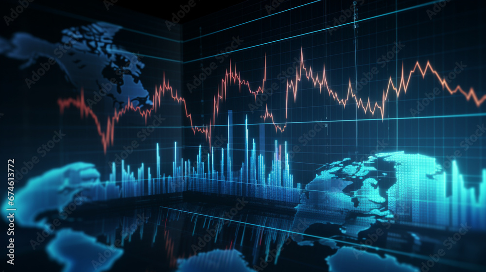 Financial chart with moving up arrow graph and world map background ...