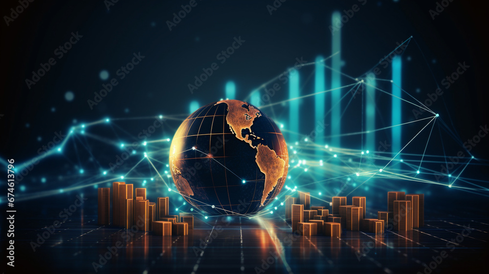 Financial chart with moving up arrow graph and world map background ...