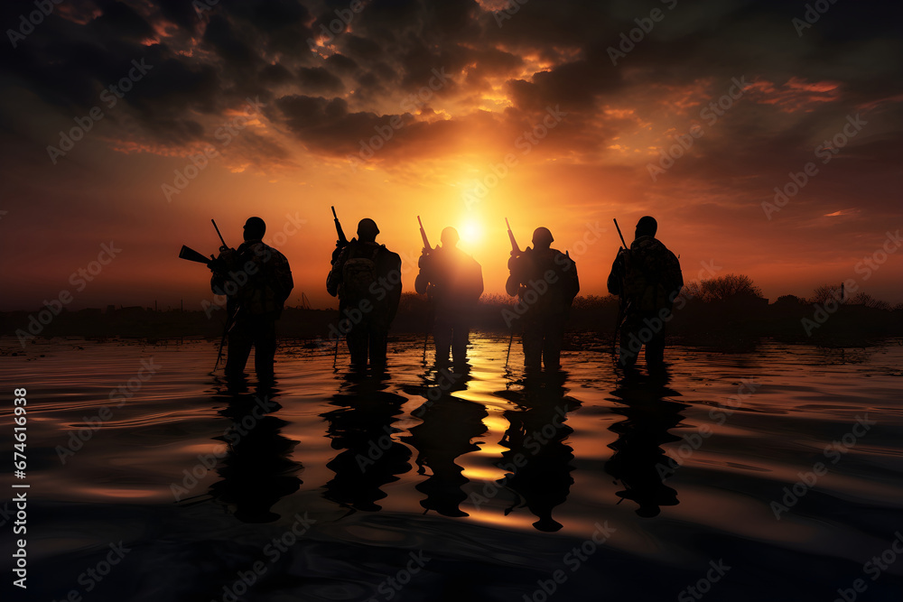 scene of military soldiers' silhouettes against the sunset's warm glow ...