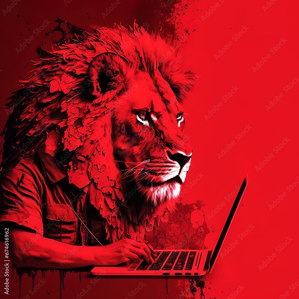 Lion boss working on his laptop, on a red background. Lion head is roar ...