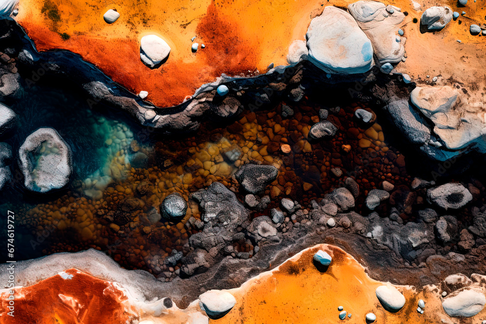 Artistic background with fantasy air view of wavy pass of water and rocky riverbed between ...