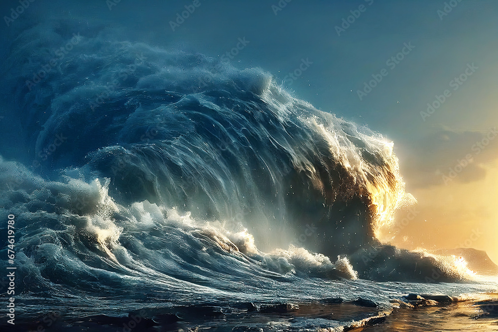Nature's fury unleashed. The onslaught of the giant tsunami wave Stock ...
