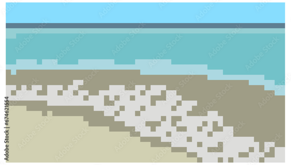background landscape. 8bit arcade seascape vector background or 16 bit ...