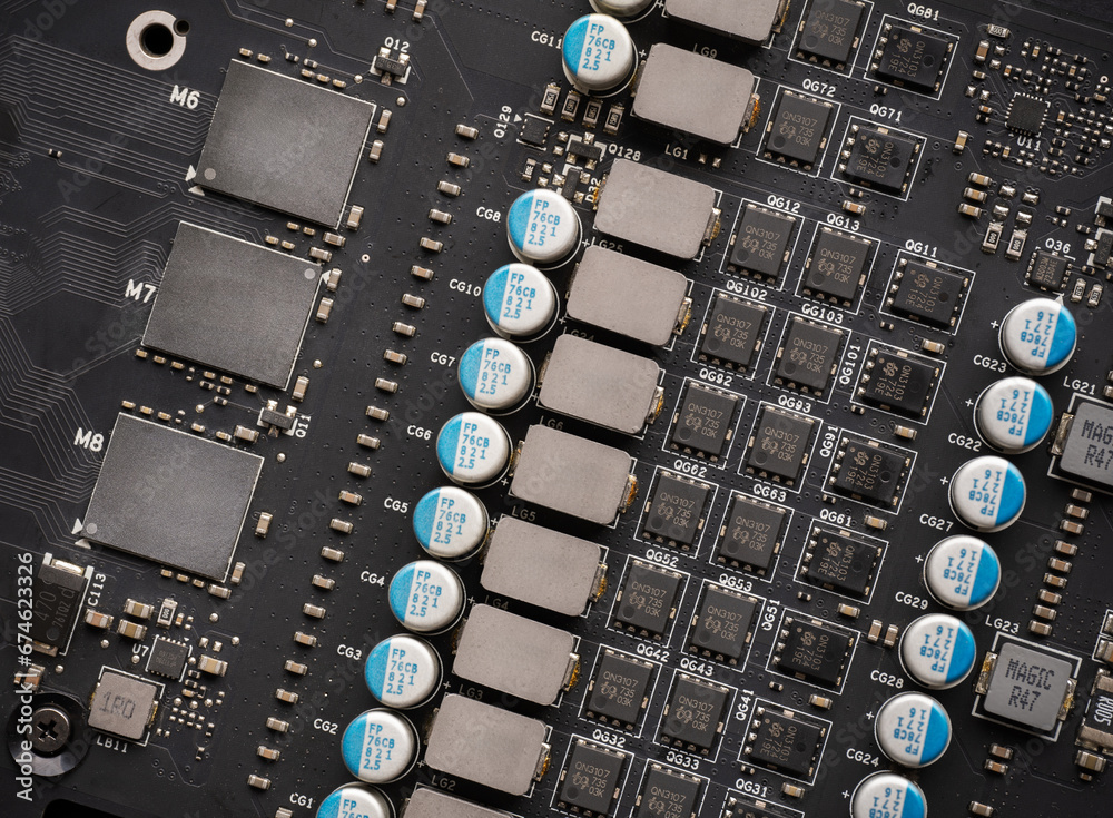 Electronic components and video card microchips. Close-up of an ...