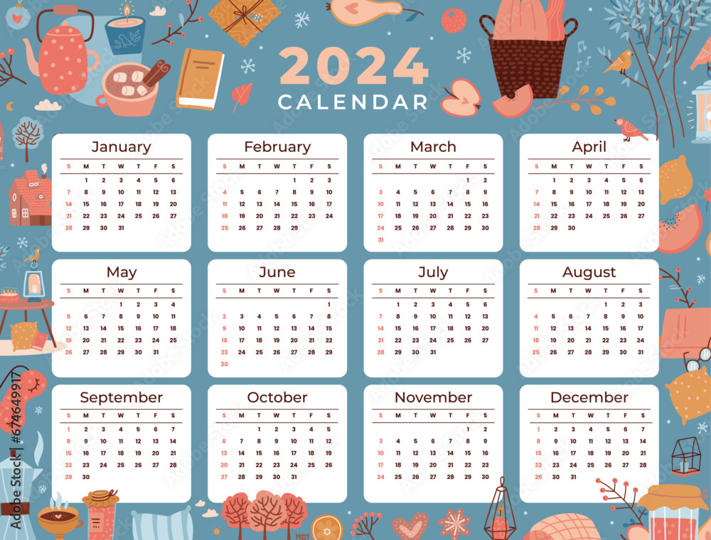Printable hand drawn one sheet calendar for 2024 year. Calendar grid ...