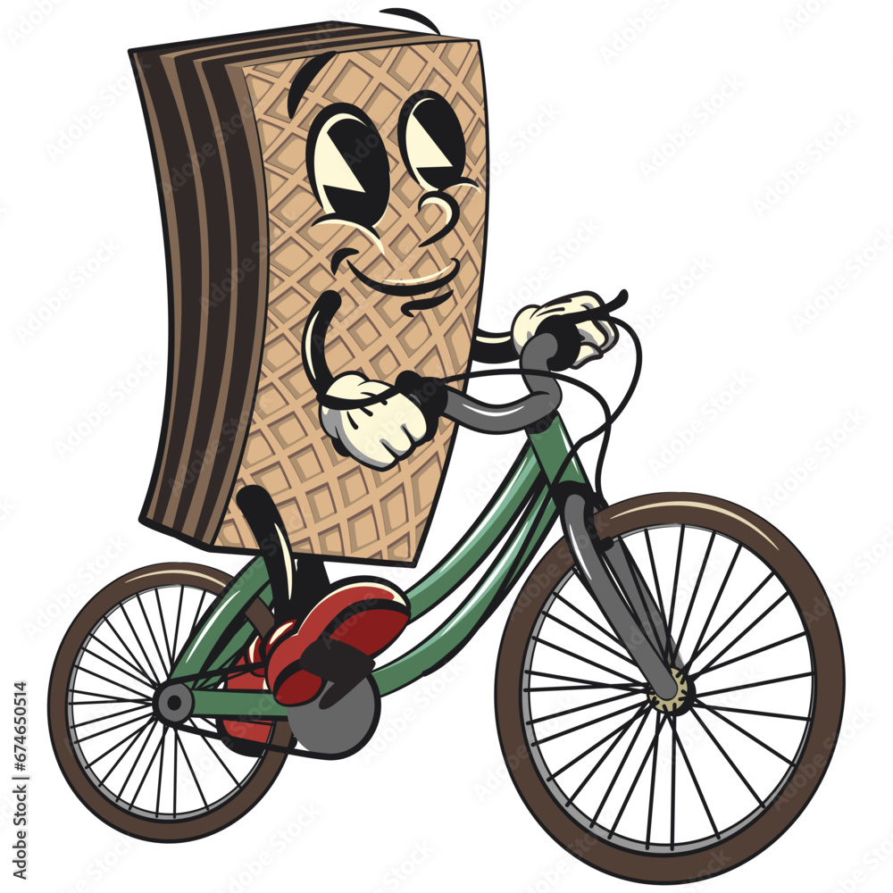 vintage chocolate wafer character mascot with funny face cycling ...