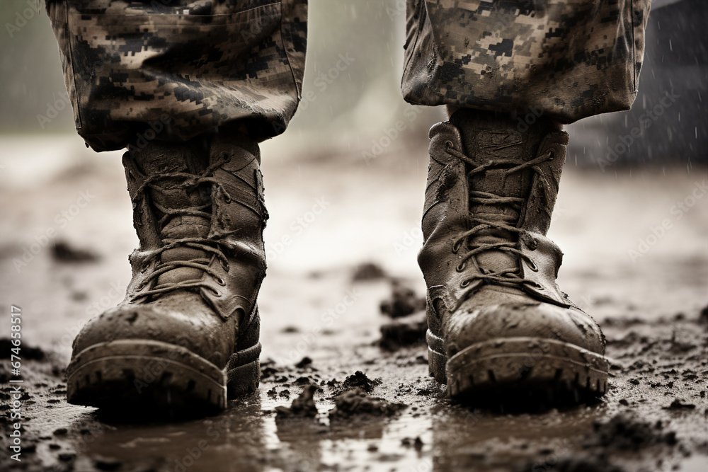 Close up photo of military legs on the battlefield ground made with ...