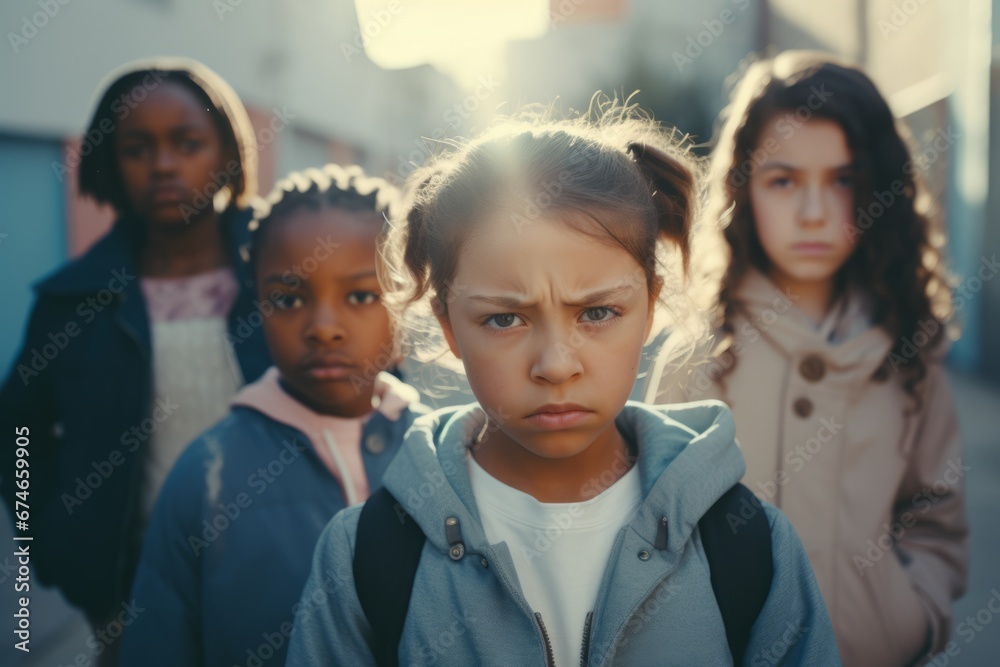 Multiethnic group of schoolchildren with their leader looking at camera ...
