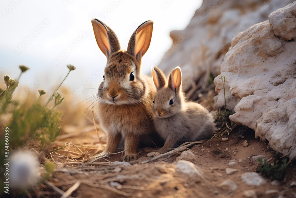 Cute rabbit with baby rabbits in the wild, wildlife photography ...