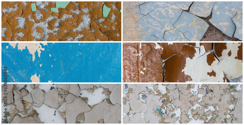 Set of peeling paint textures. Old concrete walls with cracked flaking ...