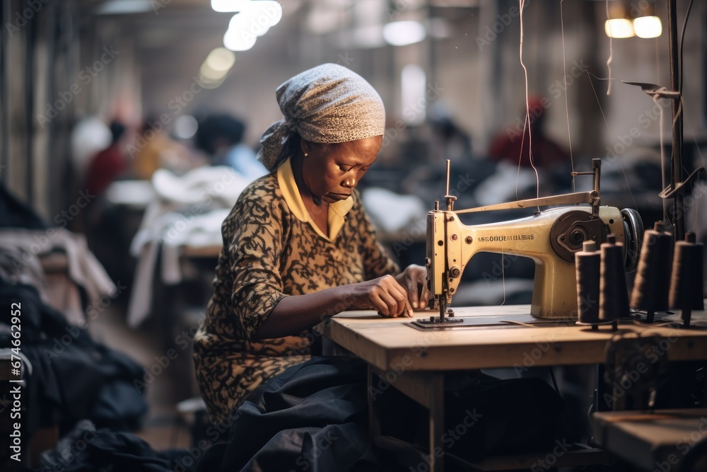 Focused mature black woman tailor with appearance sews things from ...