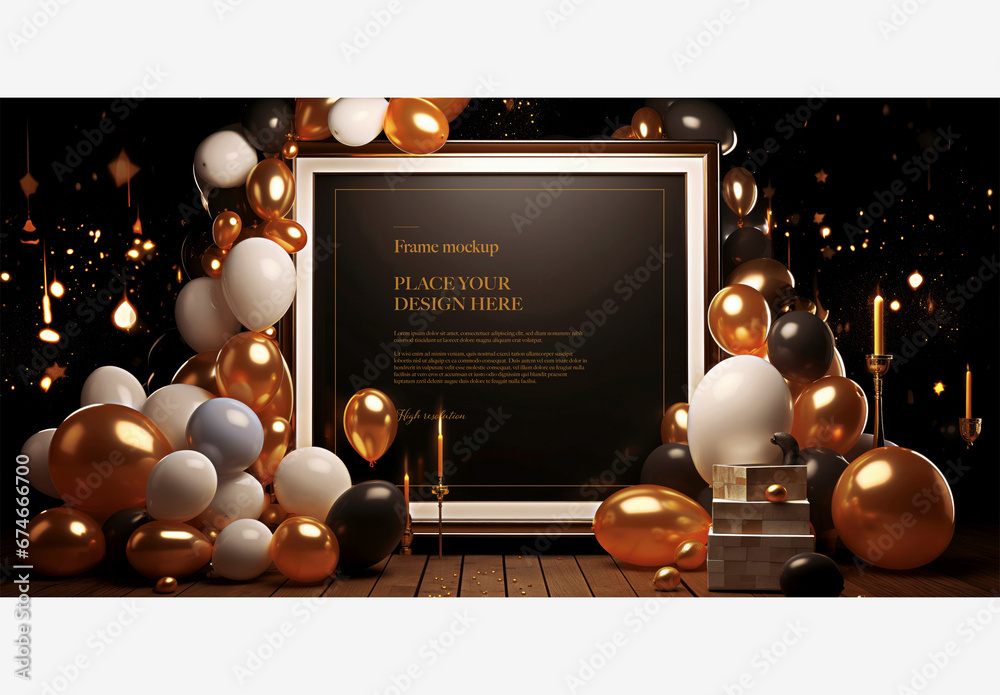 Gold Frame Celebration Mockup: Balloon & Candle Picture Frame on Wooden ...