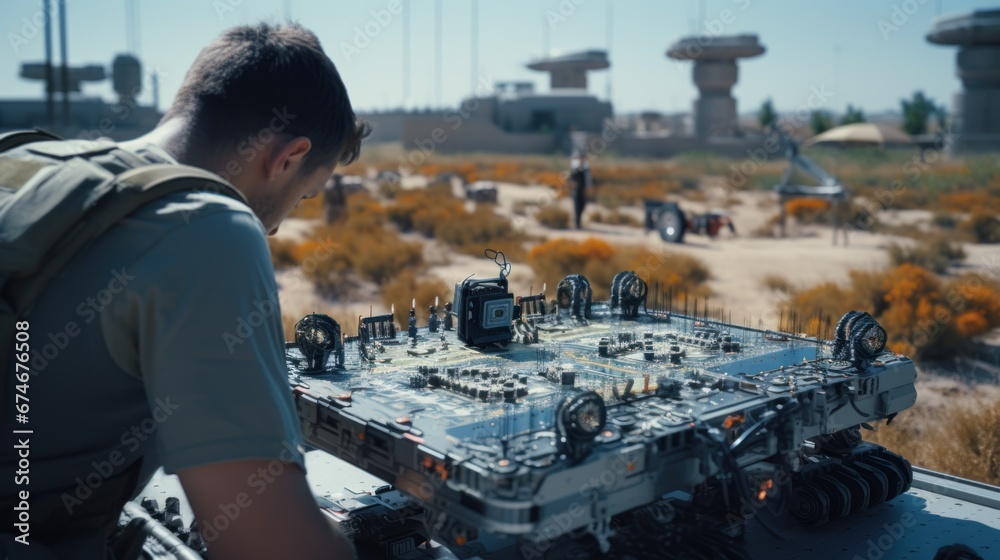 Mobile military base, soldier engineer transmits aerial pictures and ...