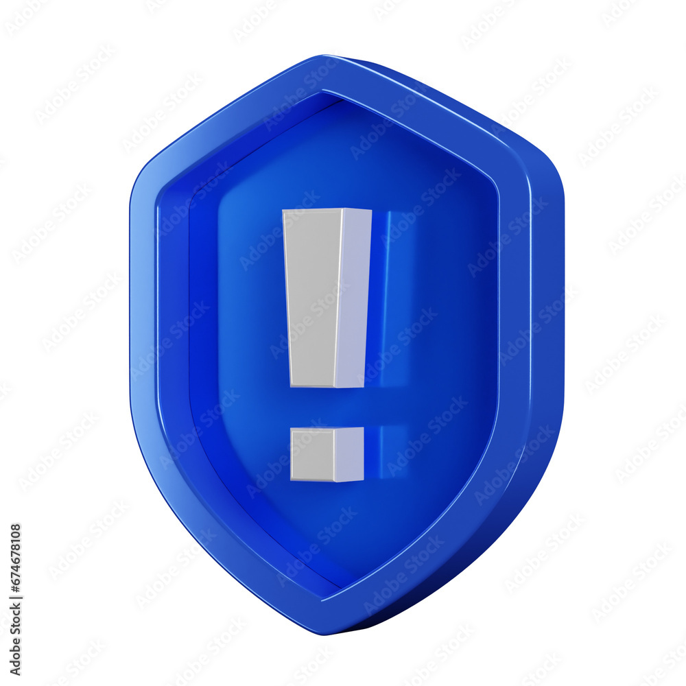 Gray warning icon with 3d security blue shield on transparent ...